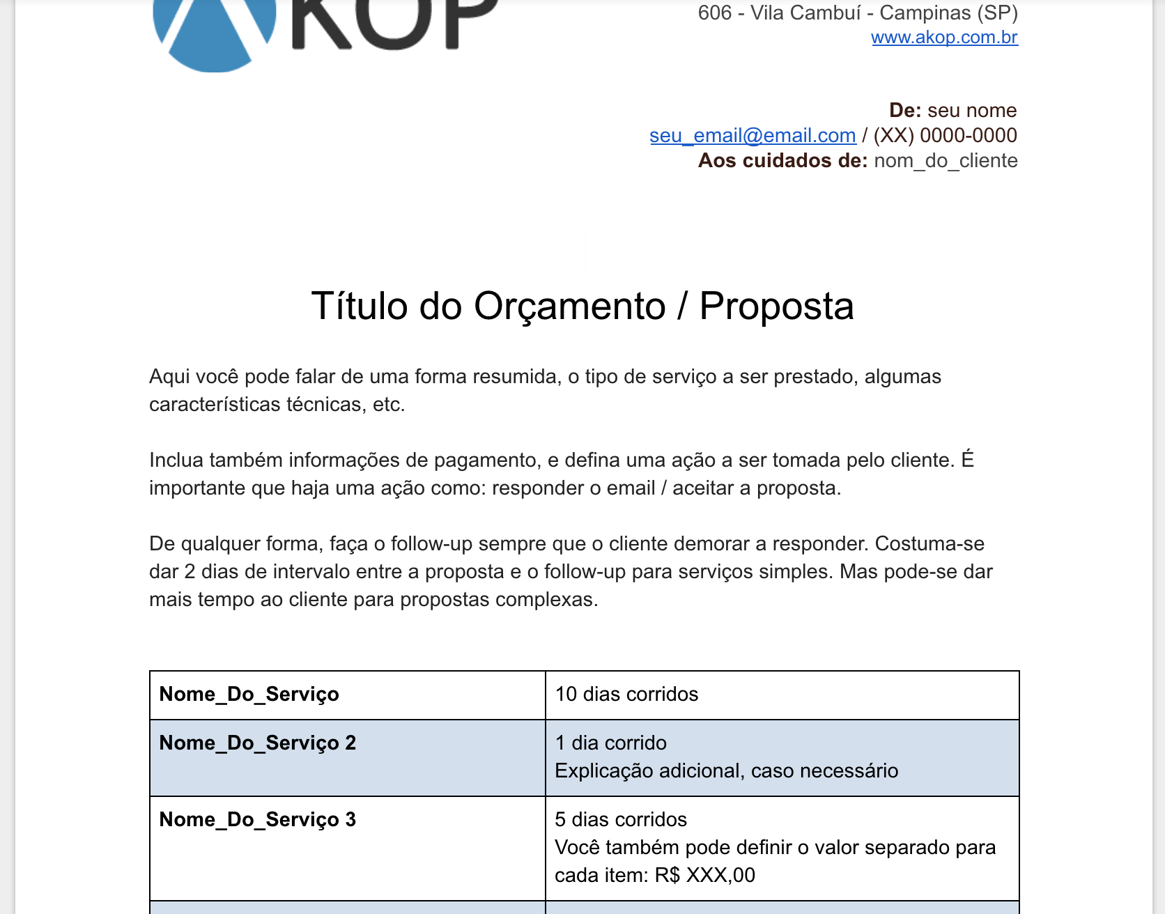 Modelo de Orçamento para Prestação de Serviços (Modelo em Word) - AKOP Blog